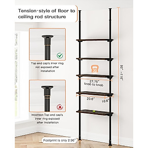 ALLZONE 5 Tiers Narrow Bookshelf, Tall Adjustable Ladder Book Shelf with Open Storage, Floor to Ceiling Tension Mount, Wooden Industrial Bookcase for Living Room, 92 to 116 Inch, Brown