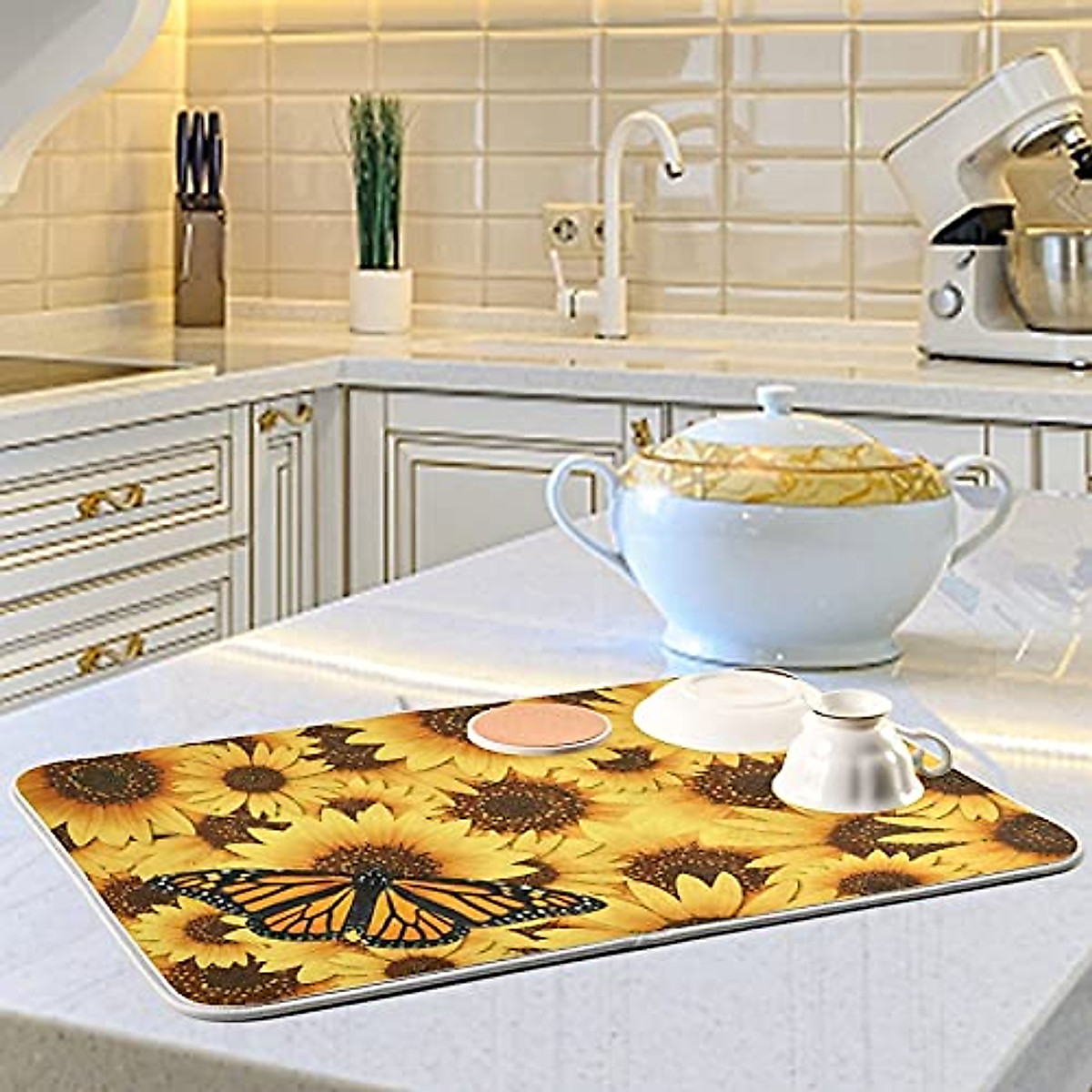 Monarch Butterfly Dish Drying Mat Small for Kitchen Counter, Fast Absorbent Sunflower Tableware Pad Baby Bottle Rack Drainer Mats Sink Decor 16x18 inches