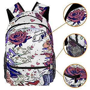 VBFOFBV Laptop Backpack, Elegant Travelling Backpack Casual Daypacks Shoulder Bag for Men Women, Red Rose Heels Heart Retro