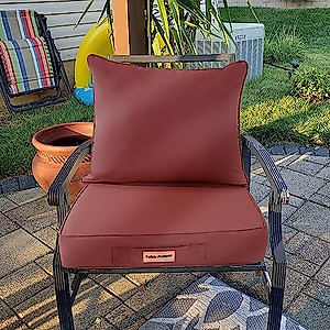 Faible Poisson Outdoor Chair Cushions, 20 x 20 Inch Waterproof Patio Furniture Back & Deep Seat Cushion Set with Handle and Anti-Slip Straps for Indoor Garden Camping, Plain Brick Red