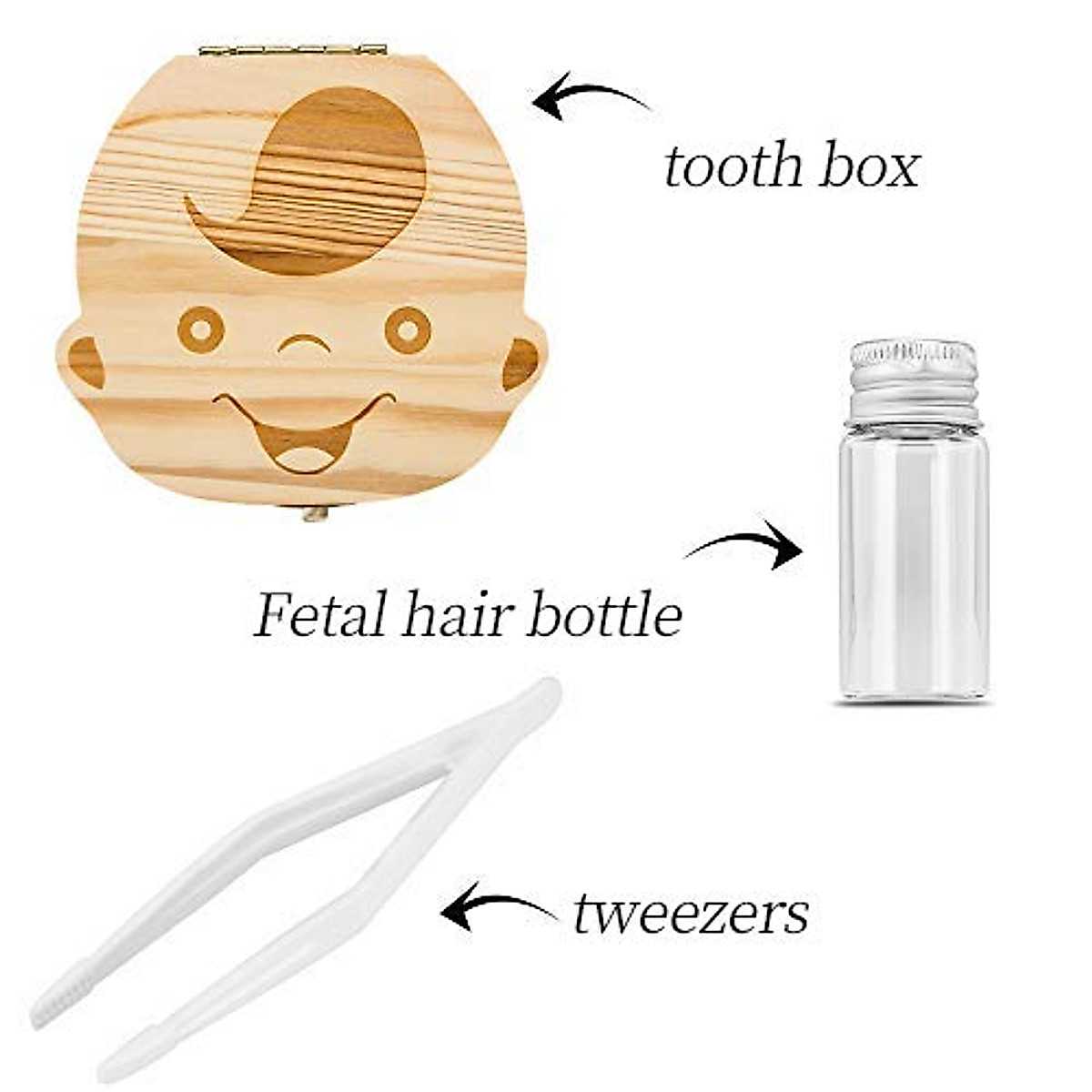 Baby Tooth Box ,Wooden Kids Keepsake Organizer for Baby Teeth, Cute Children Tooth Container with Tweezers and lanugo Bottle to Keep the Childhood Memory (Boy)