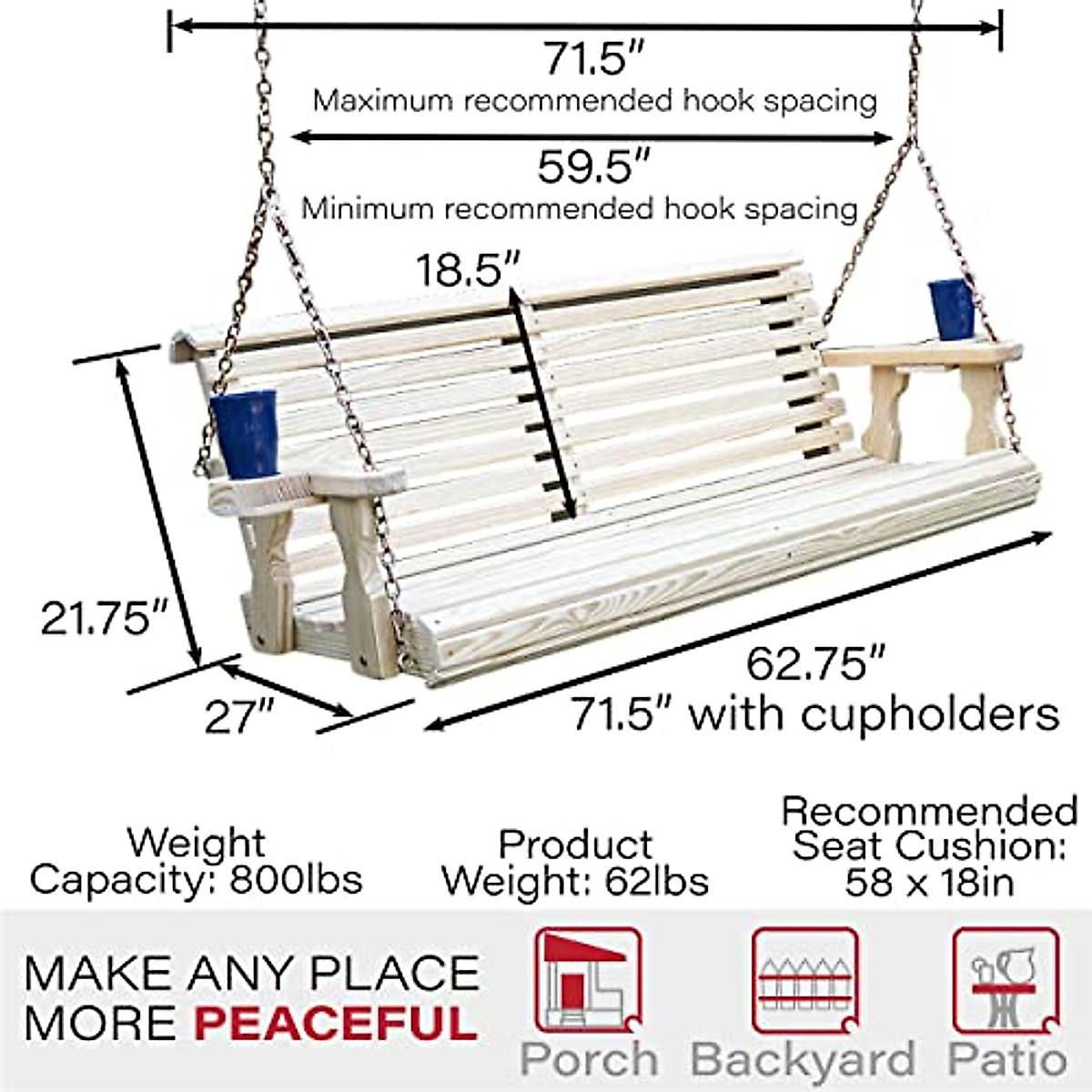 Amish Casual Heavy Duty 800 Lb Roll Back 5ft. Treated Porch Swing with Cupholders