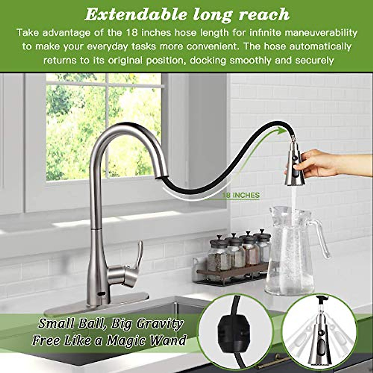 Motion Sensor Automatic Kitchen Faucet Touchless, monbar Pull Down Single Handle One/3 Hole 3 Setting Sprayer Brushed Nickel Solid Brass Kitchen Faucets Spot Free Lead-Free