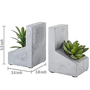 MyGift L-Shaped Heavy Concrete Shelf Decor Decorative Bookends with Artificial Succulent Plants, Desktop Textbook Book Stands, 1 Pair