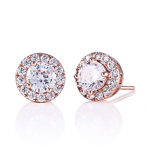 GULICX Halo Stud Earrings Round CZ Cubic Zirconia for women Silver/Gold Plated/Rose Gold Plated