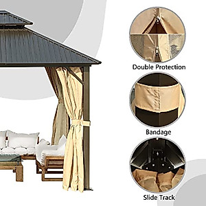 Aoodor 10' x 12' Gazebo Hardtop Roof, Aluminum Frame with Mosquito Netting and Curtain for Garden Patio, Black