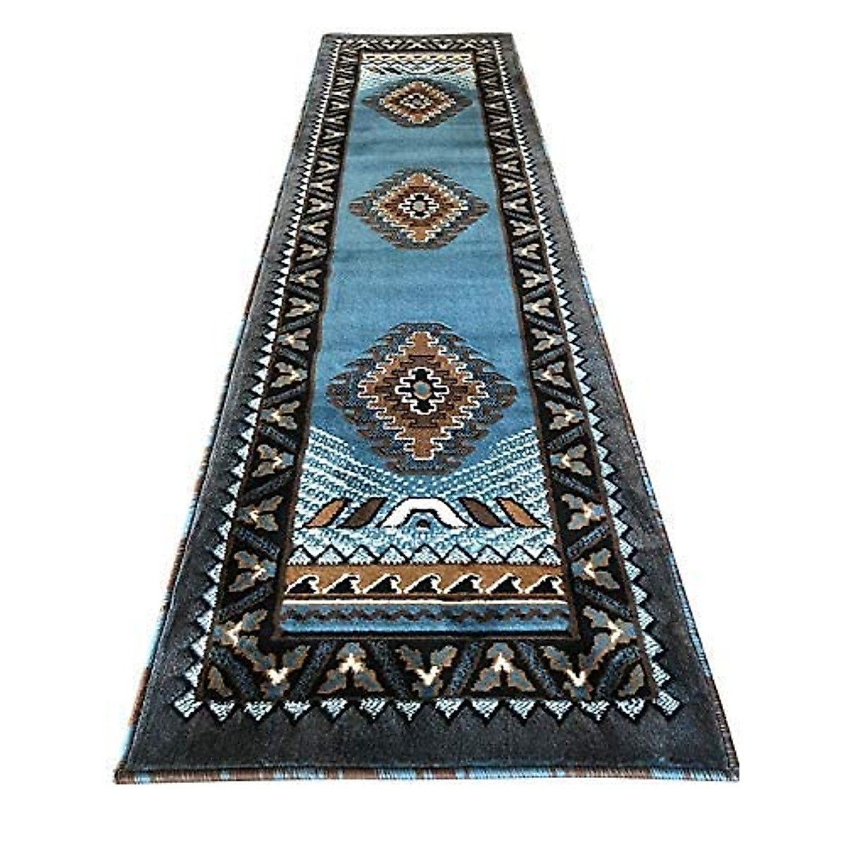 Kingdom Southwest Native American Runner Area Rug Blue & Brown Design D143 (2 Feet X 7 Feet)