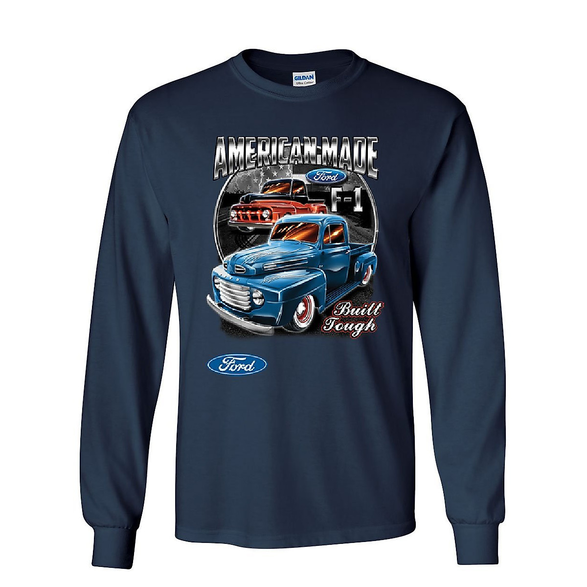 Ford Pickup Trucks F1 Long Sleeve T-Shirt American Made Hot Rod Built Tough Tee Navy Blue 3X-Large