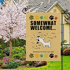 Funny Dog Garden Flag Somewhat Welcome Vertical Double Sided Farmhouse Outdoor Yard Decoration 12.5 x 18 Inch