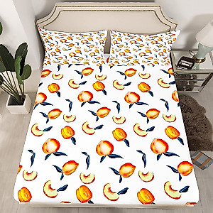 Girls Peach Fitted Sheet Set Full Size for Kids Teens Children Women Cute Fruit Bedding Set Kawaii Fresh Peaches Bed Sheet Set Lovely Peach Bedroom Decor Girly Bed Cover,1 Fitted Sheet+2 Pillow Case