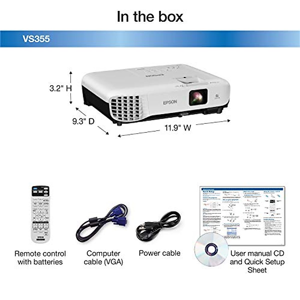 Epson VS355 WXGA 3,300 lumens color brightness (color light output) 3,300 lumens white brightness (white light output) HDMI 3LCD projector