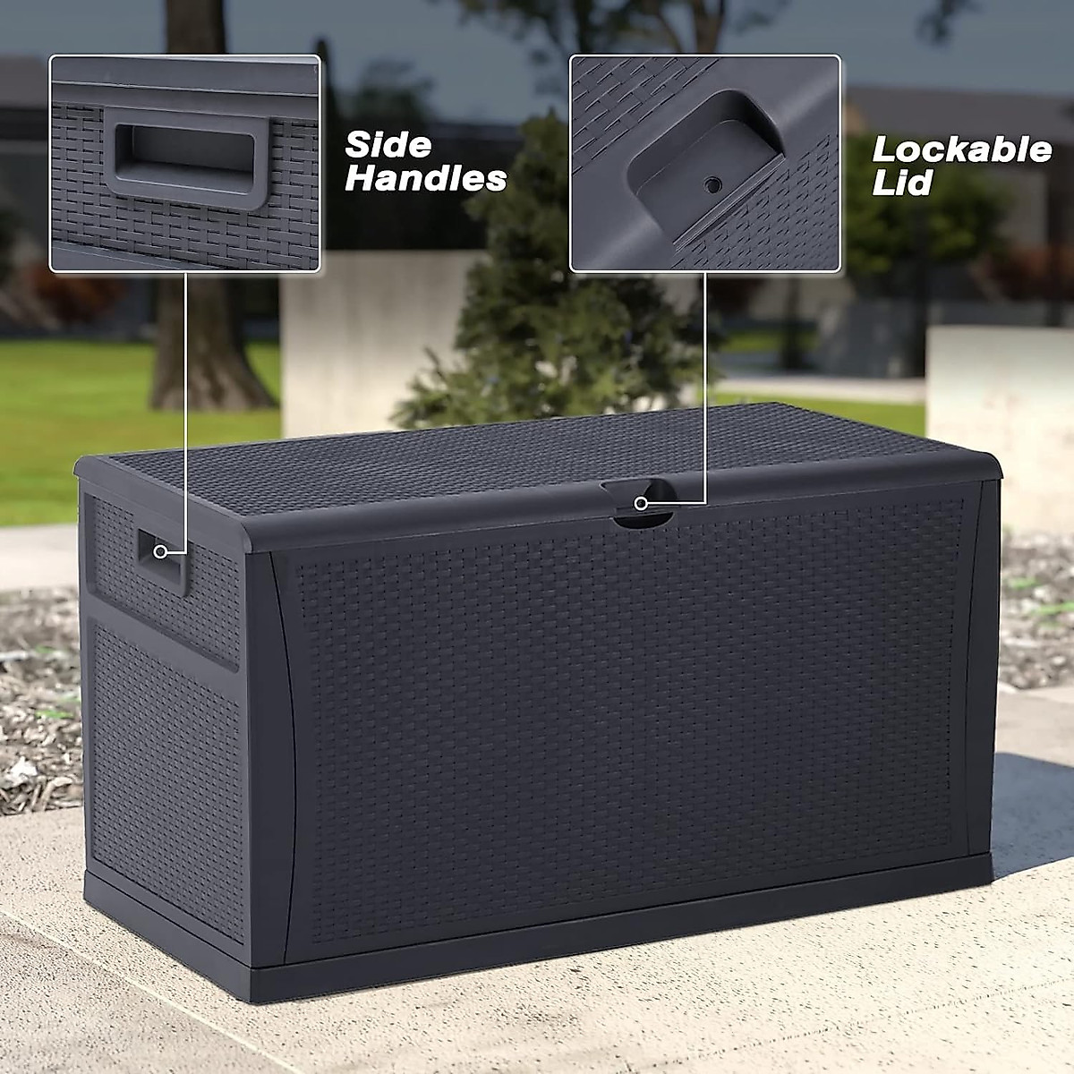 Brightpeak 120 Gallon Outdoor Storage Deck Box Gray Wicker Pattern Container Cabinet Storage for Patio Furniture Cushions, Pillows, Garden Tools, Grey