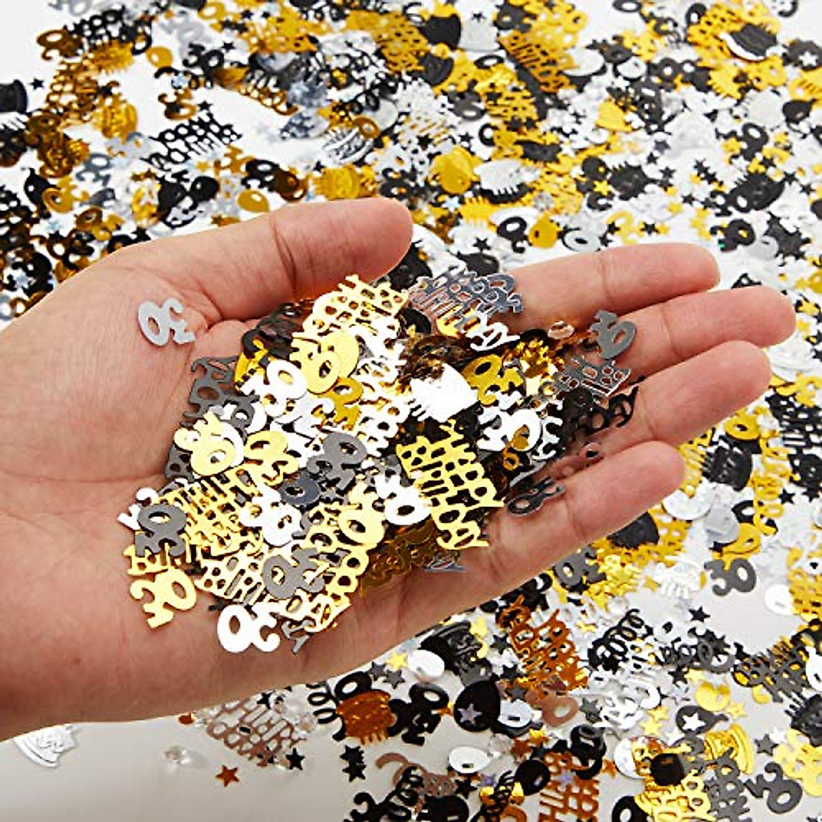 3000 Pieces 30th Happy Birthday Confetti Number 30 Birthday Cake Confetti Metallic Foil Balloon Confetti Table Scatters Decorations for Birthday Party Anniversary Wedding (Gold, Silver and Black)
