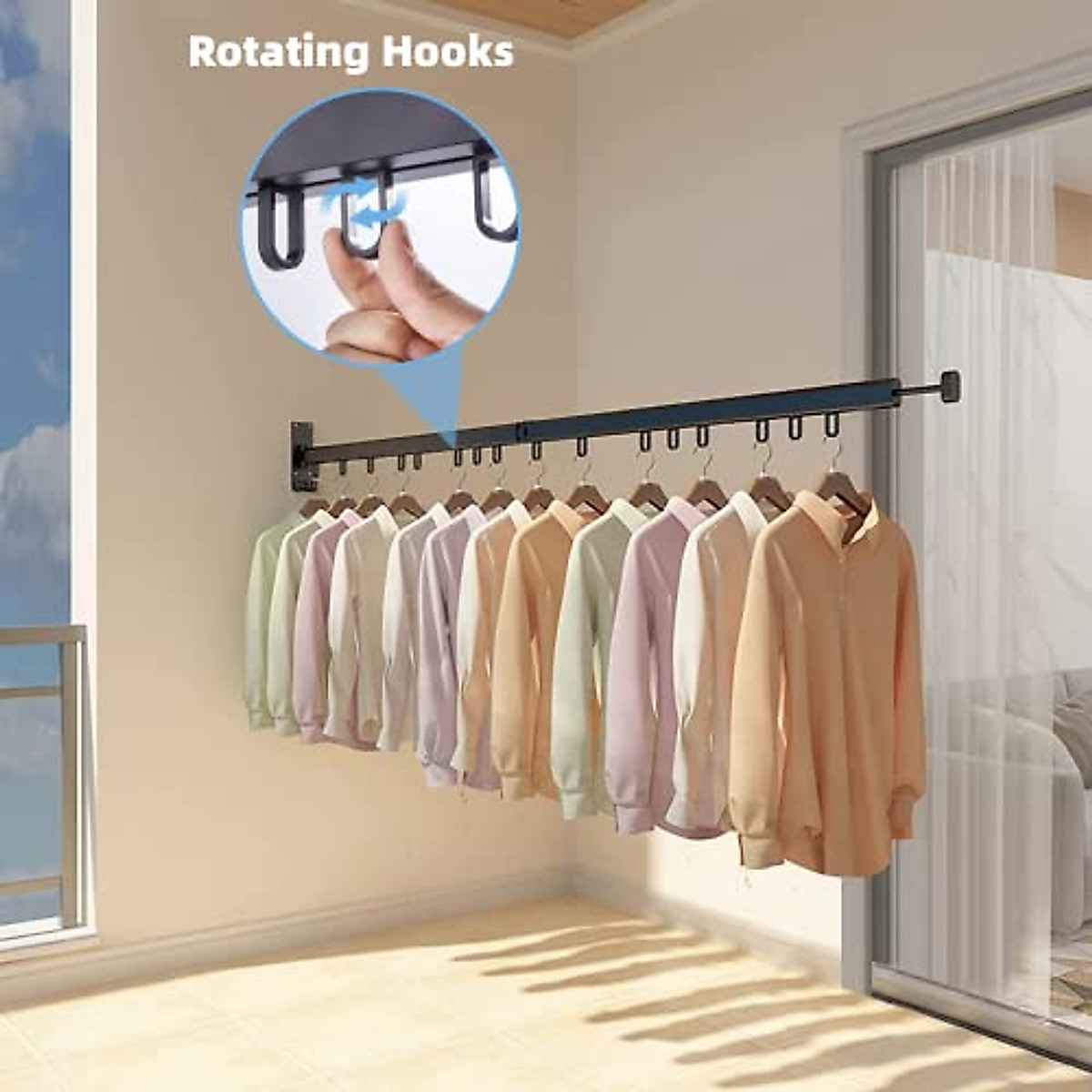 MYOYAY Wall Mounted Folding Clothes Hanger Space-Saver, Indoor/Outdoor Adjustable Clothes Drying Rack, 220 LBS Retractable Dry Coat Hanger for Laundry Room, Storage Organiser Instant Closet,Black