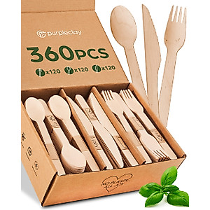 Wooden Compostable Utensils Set - 360 Pieces (120 Forks 120 Spoons 120 Knives) Sturdy Wood Disposable Cutlery - Eco-Friendly Biodegradable Utensils for Party - Free From Plastic Cutlery Set for Eating