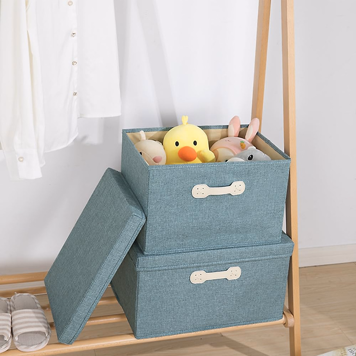 Molizhi Foldable Storage Box with Lid Cotton and Linen Storage Box with Lid Cube Clothes Storage Box Bedroom Closet Storage Box with Lid Handle Storage Box (Green, 35 * 28 * 18CM)
