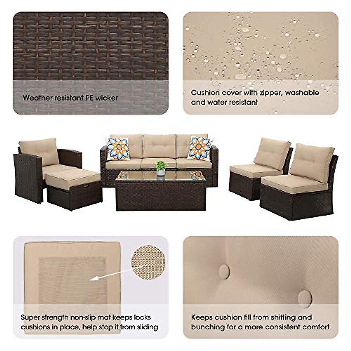Outdoor Patio Furniture Sets 8-Piece Aluminum Patio Conversation Sets, All Weather Wicker Rattan Sectional Couch Sofa Set with Glass Coffee Table & Single Sofa with Ottoman (Brown/Beige)