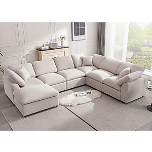 Siiejia Modular Sectional Sofa Modern Oversized Cloud Couch with Movable Ottoman 7 Seater L-Shaped Sofas Comfy Couches for Living Room Spacious Space Office Lounge, Beige