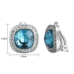 Yoursfs Blue Clip On Eearrings For Women Platinum Plated 4ct Square Crystal Halo CZ Bridal Wedding Earring