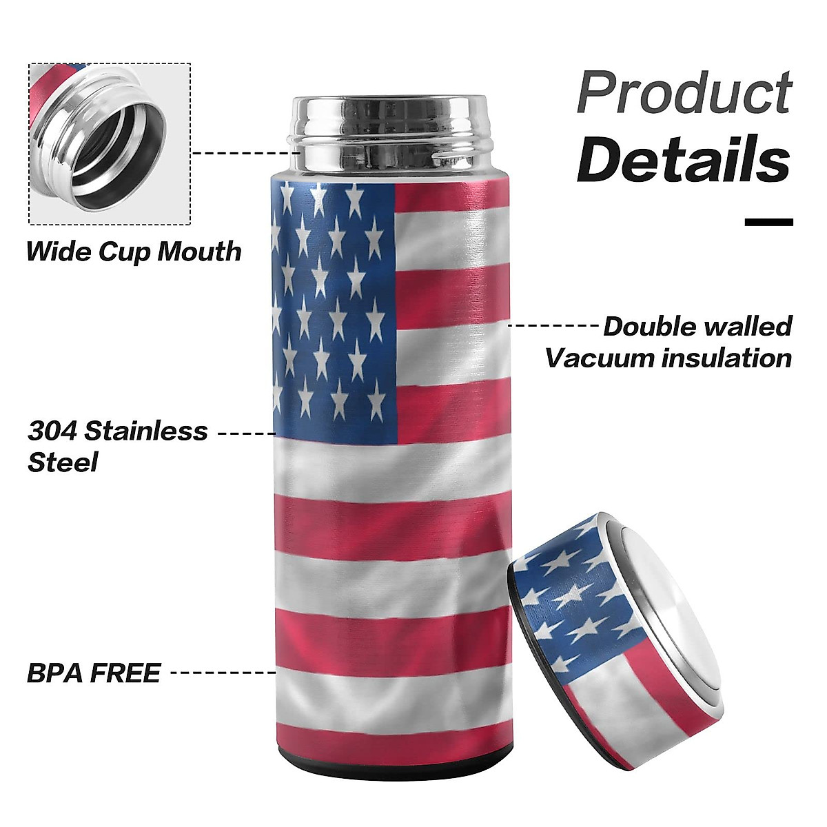 Sletend Water Bottle American Usa Flag Keeps Liquids Hot or Cold,BPA-Free Vacuum Insulated Stainless Steel Water Bottle for School Girls Boys 16oz