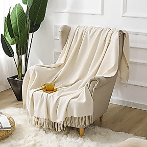 ZonLi Cream Throw Blanket Lightweight Herringbone Throw Blankets for Couch Ivory Beige Boho Throw Blanket Decorative Knitted Blankets with Tassels Fringe for Bed Outdoor 55'' x 75''