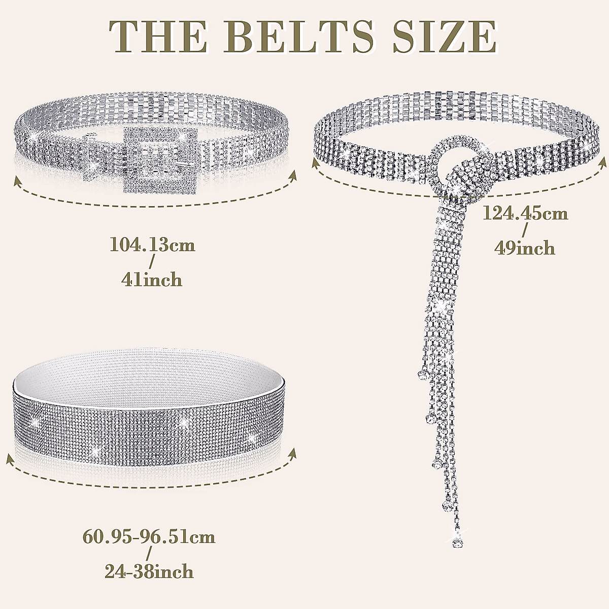 Jeyiour 3 Pcs Rhinestone Belt Silver Elastic Waist Belt Glitter Belt Shiny Crystal Chain Bling Waistband Square Ring Wide Waist Band for Women Ladies Girls Jeans Dress