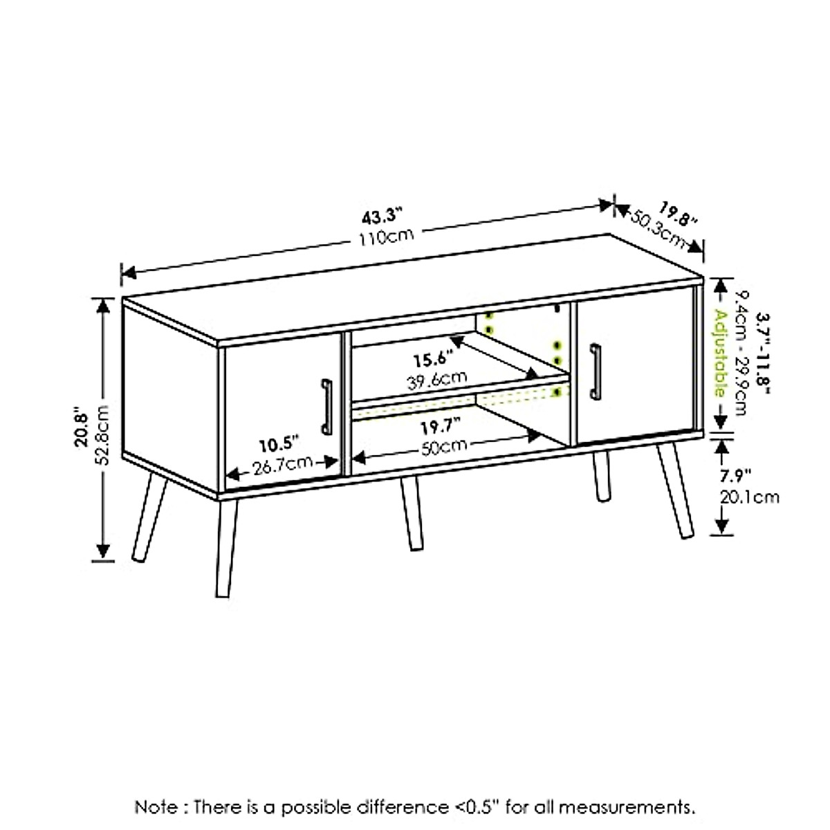 Furinno Claude Mid Century Style Wood Legs TV Stand For TV Size Up To 50 inch With Two Cabinets, Espresso
