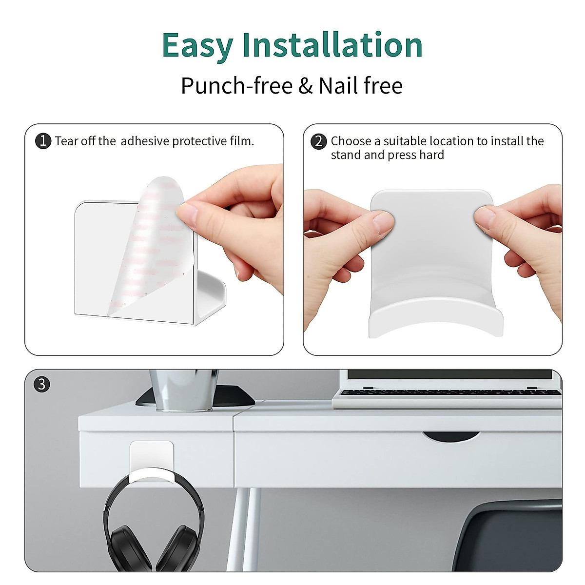 HomeMount Headphone Stand Headset Holder - Adhesive Gaming Headphone Hanger Hook Desk Mount for Most Headphone & Controller (White)