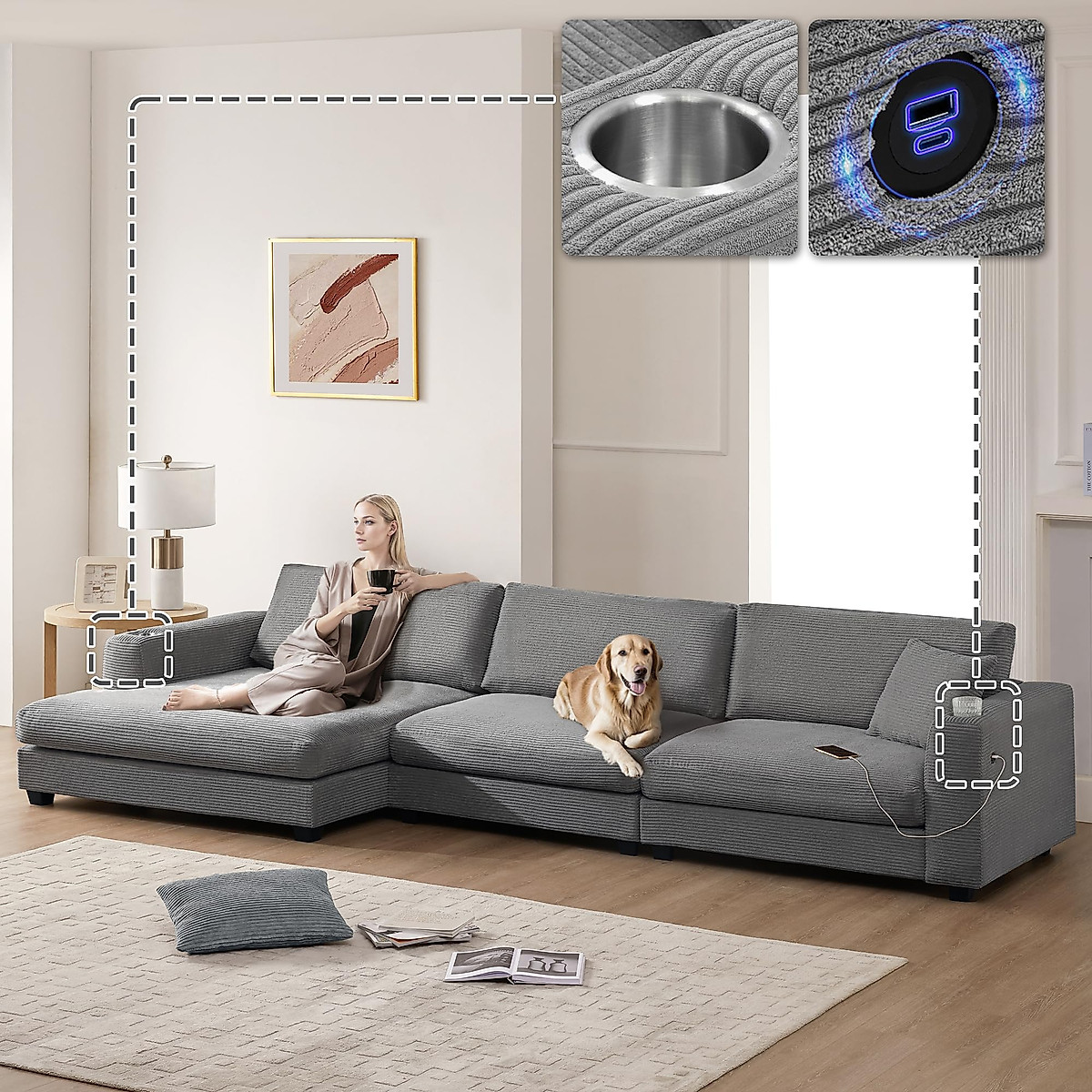 Modern Oversized Corduroy Sectional Sofa with USB Charging Port,Cup Holder, Deep Seat Couch Sleeper Bed with 50" Chaise, Gray