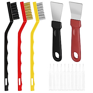 Amaxiu 15Pcs Kitchen Stove Cleaning Brush + Scraper Tool Set, Cleaning Scraper Heavy Duty Scrape Stainless Steel Brass Nylon Brush for Range Hood Grease Grimefor Gas Burners Cooktop Pot Pan