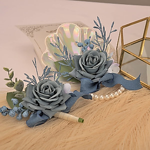 Weslymoo Dusty Blue Rose Wrist Corsage and Boutonniere Set Artificial Prom Flower Corsage Wristlet Band Bracelet Wedding Accessories Prom Decorations