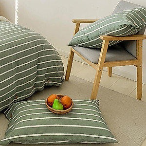 JELLYMONI Bedding Duvet Cover Twin Size - 100% Washed Cotton Linen Like Textured Striped Comforter Cover, 3 Pieces Breathable Soft Bedding Set with Button Closure (Green&White Stripe, Twin 68"x90")