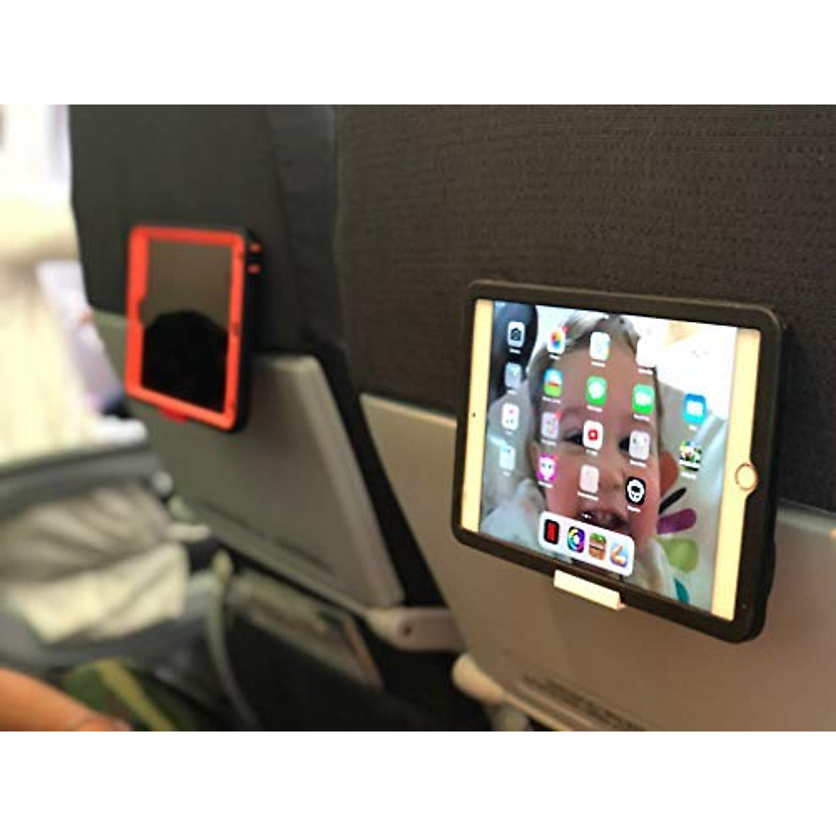 The SkyClip - (Black, 2 Pack Airplane Cell Phone Seat Back Tray Table Clip and Sturdy Phone Stand, Compatible with iPhone, Android, Tablets, and Readers