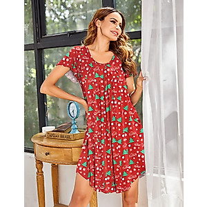 Ekouaer Womens Nightgown Soft Sleepwear Pleated Sleepshirt Sleep Dress Short Sleeve Nightdress Christmas L