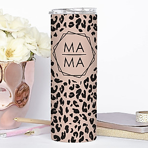 YouNique Designs Leopard Mama Coffee Tumbler with Straw and Lid, 20 Oz, Insulated Stainless Steel Skinny Tumbler for Women, Cheetah Print Mom Tea Tumbler, Mom Life Water Tumbler Cup