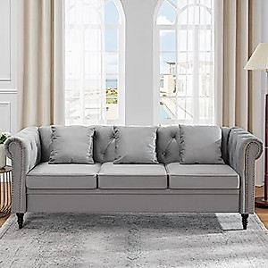 kinmars Chesterfield Sofa Velvet,3 Seater Couch Furniture,Couches for Living Room with Deep Button Tufting,Large Sofa with Rolled Arms (Grey)