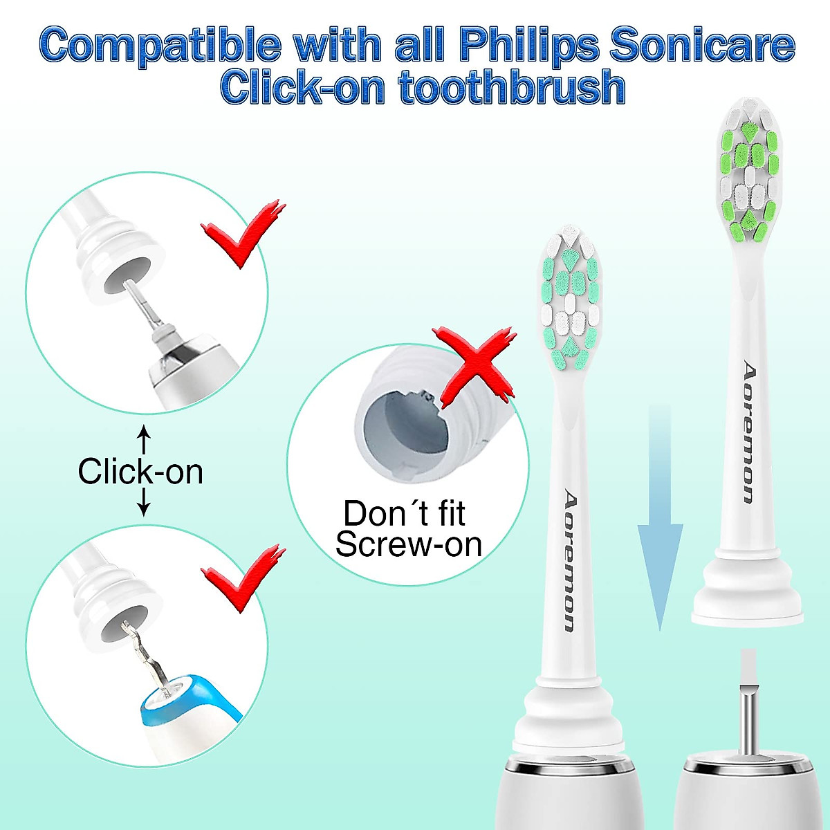 Aoremon Replacement Heads for Sonicare Philips Toothbrush: Compatible with Sonicare DiamondClean HX6063/65, 2 Series Hx9023/65 and Other Click on Electric Toothbrush