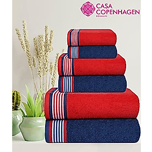 CASA COPENHAGEN Designed in Denmark 550 GSM 2 Large Bath Towels 2 Large Hand Towels 2 Washcloths, Super Soft Egyptian Cotton 6 Towels Set for Bathroom, Kitchen & Shower - American Blue & Red