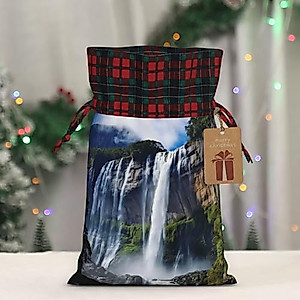 Christmas Gift Bags with Drawstring Burlap Gift Bags Beautiful Waterfall Christmas Linen Bags for Xmas Party Candy Bags with Cards Xmas Reusable Wrapping Bags Christmas Linen Treat Bags for Holiday