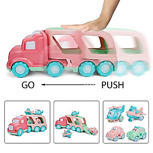 KOODER Cartoon Car Toys Set for 3 4 5 6 Years Old Toddlers Kids, Pink Truck ​with Sound and Light, Pink Car Toy Set in Friction Powered Carrier Truck, Christmas Birthday Gifts for Boys and Girls