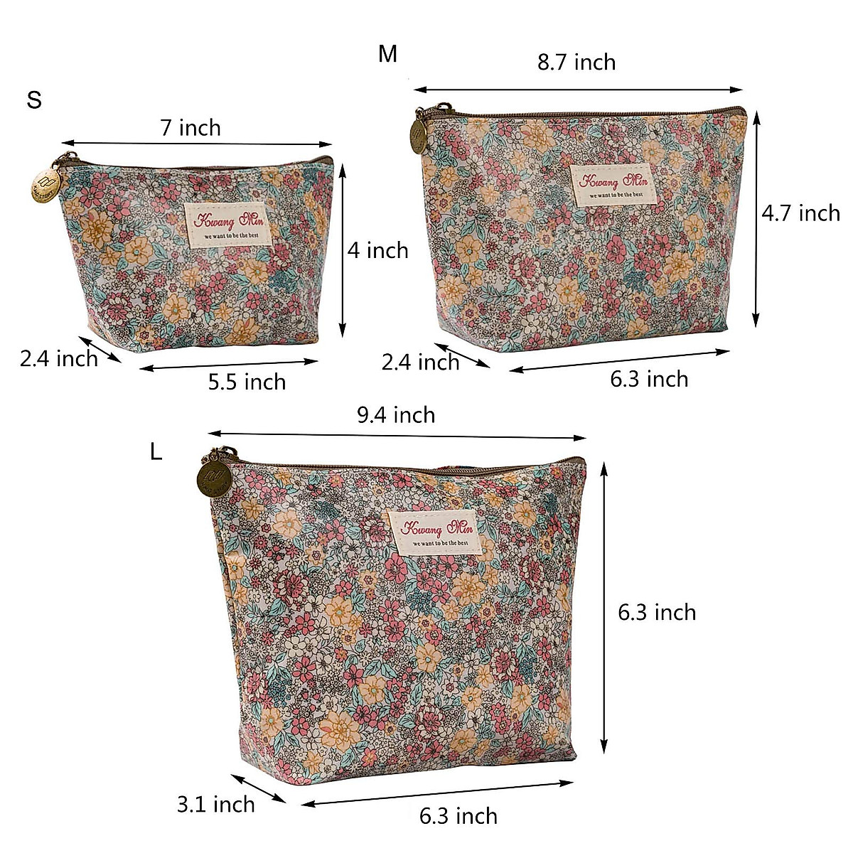 HOYOFO Cosmetic Bags Pack of 3 Makeup Bag for Purse Travel Zipper Pouch for Women Floral Organizer Bag, Blue Flower