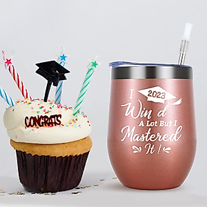 LiqCool Graduation Gifts for Her 2023, Masters Degree Graduation Gifts, I Win A Lot But I Mastered It Wine Tumbler with Lid, Insulated Wine Tumbler Graduation Gifts 2023 Christmas(12 Oz, Rose Gold)