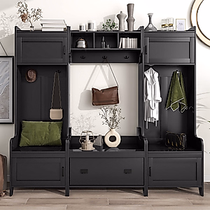 CKLMMC Modern Entryway Coat Hanger, 4-in-1 Multiple Functions Hall Tree with a Storage Bench, 7 Metal Black Hooks, and 4 Storage Cabinets (Black@4-in-1*)