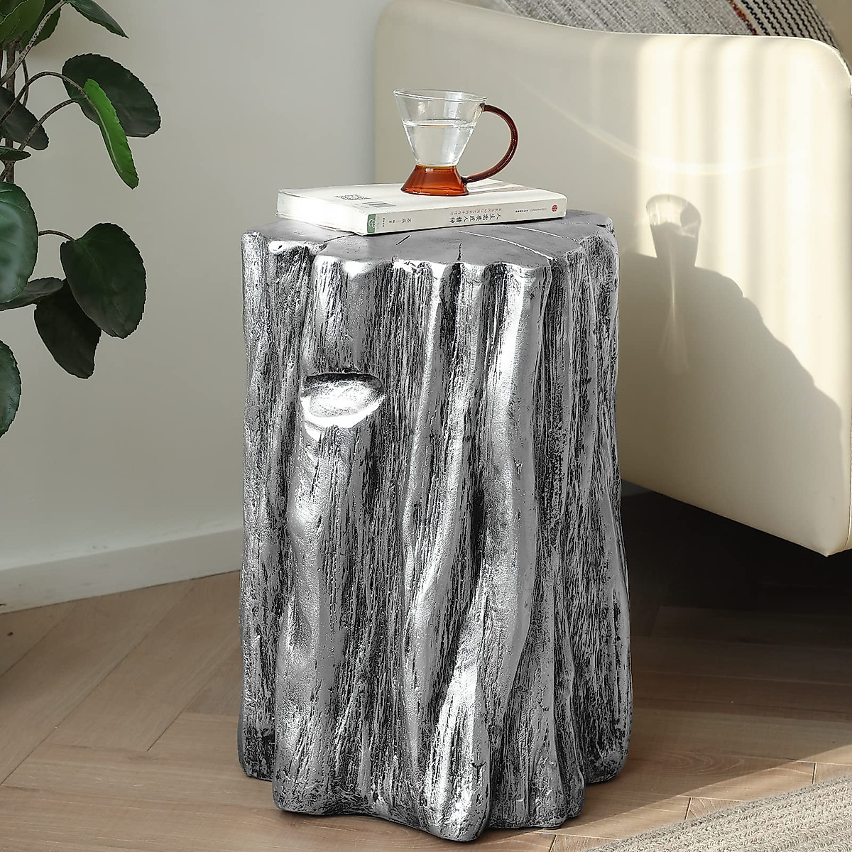 Tree Stump Trunk Side End Table, Faux Wood Patio Table, Garden Stool, Plant Stand, for Indoor Outdoor Courtyard Living Room, 14"X14"X20", Silver