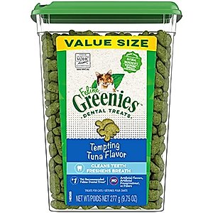 FELINE GREENIES Adult Dental Cat Treats, Tempting Tuna Flavor, 9.75 oz. Tub
