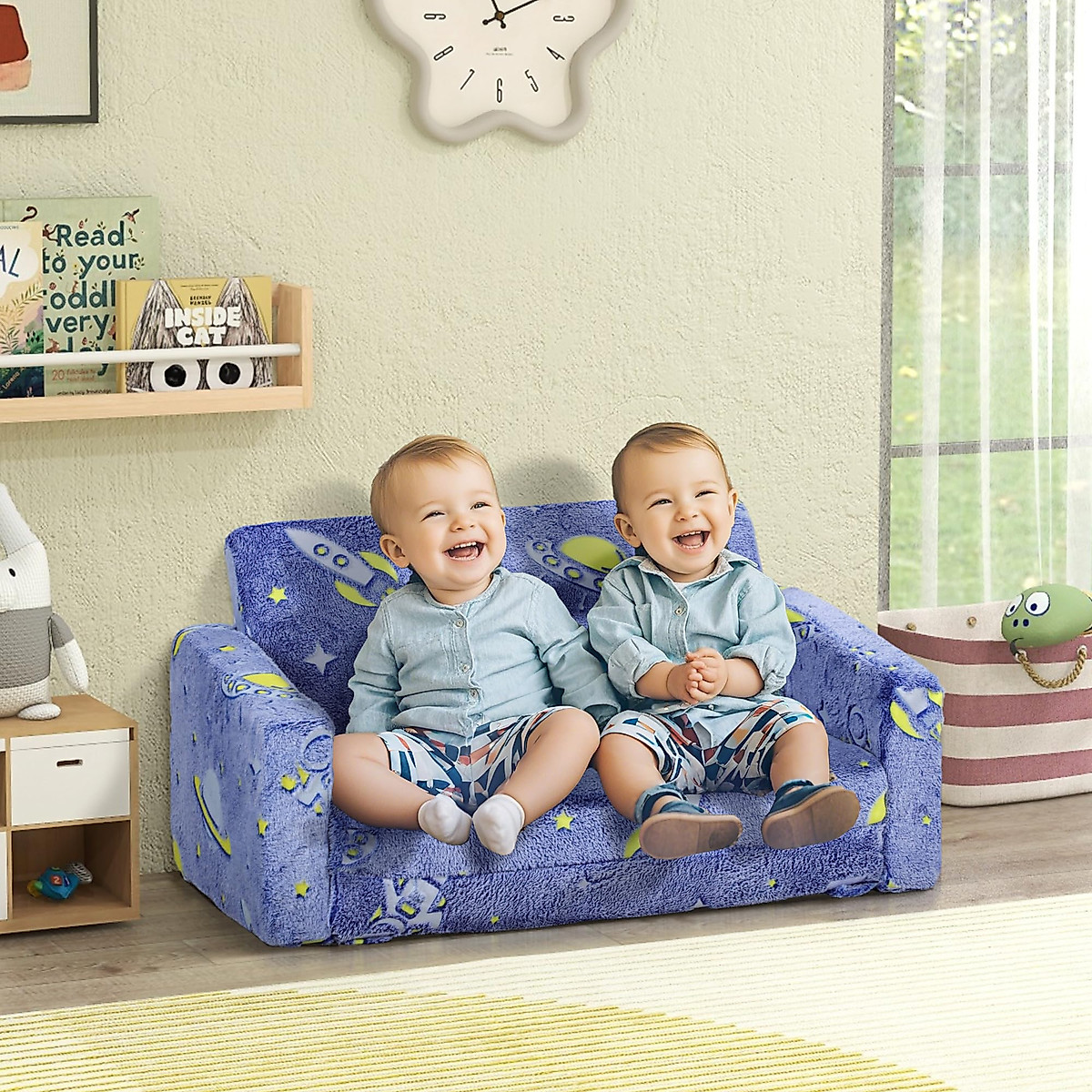 Qaba 2 in 1 Kids Sofa Chair, Toddler Couch with Glow in The Dark Cosmic Patten, Washable Cover, Fold Out Convertible Sofa to Lounger for Playroom Bedroom, Blue