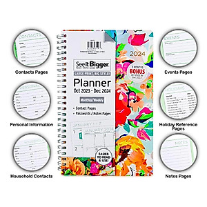 PlanAhead See IT Bigger April 2024 - June 2025 Size 8.75" x 5.5" x 0.5" Monthly/Weekly Medium Planner and Twin Fluorescent Pen (Floral Coppa)
