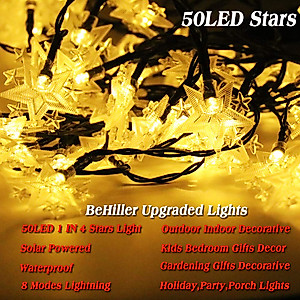 Stars Solar LED Lights Outdoor Decor, 8 Modes 23FT BeHiller 50LED Holiday String Lights, Solar Operated Garden Decor Lights, Solar Twinkle Xmas Lights for Tree, Backyard, Decor (Warm White)