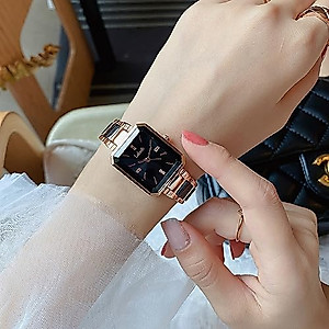 devaco Stainless Steel Rose Gold Diamond Quartz Wristwatch, Fashionable Square Waterproof Date Ladies' Watch (Black-glod)