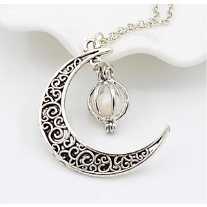 EEQQBZ Glow in The Dark Silver Crescent Moon and Orb Necklace - Glowing Blue Moon Charm - Magical Fantasy Fairy Glowing Necklace - Glow Jewelry (sky blue)